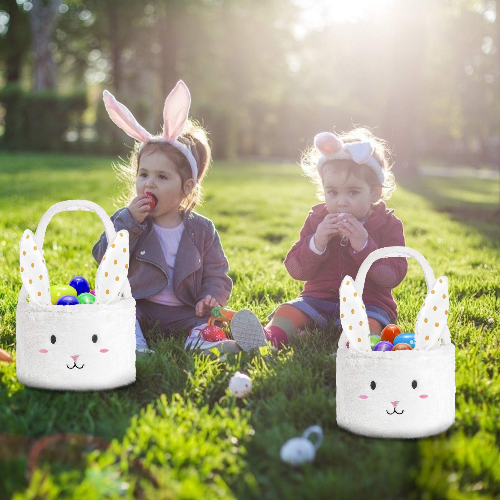 Evoio Easter Basket for Kids Toddler Girls Boys, Fluffy Bunny Bucket Bag with Handle Bunny Face and Foldable Ears Perfect for Easter Eggs Hunt Event, Easter Gifts Bunny Easter Eggs Basket Bags