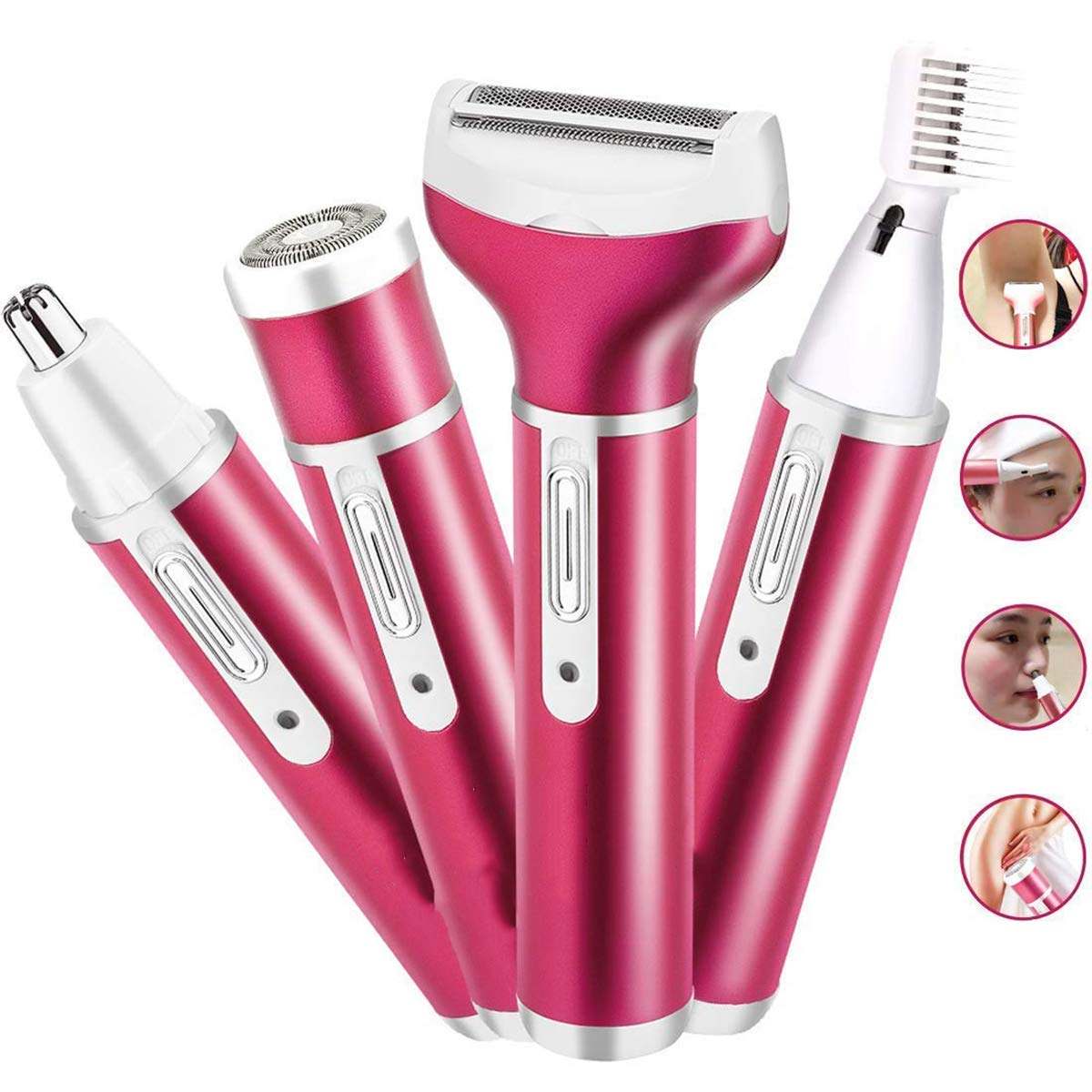 FAMKIT Facial Hair Removal for Women, Upgraded Waterproof Painless 4 in 1 Lady Grooming Kit-Facial Hair Remover, Body Shaver, Nose Hair & Eyebrow Trimmer, USB Rechargeable