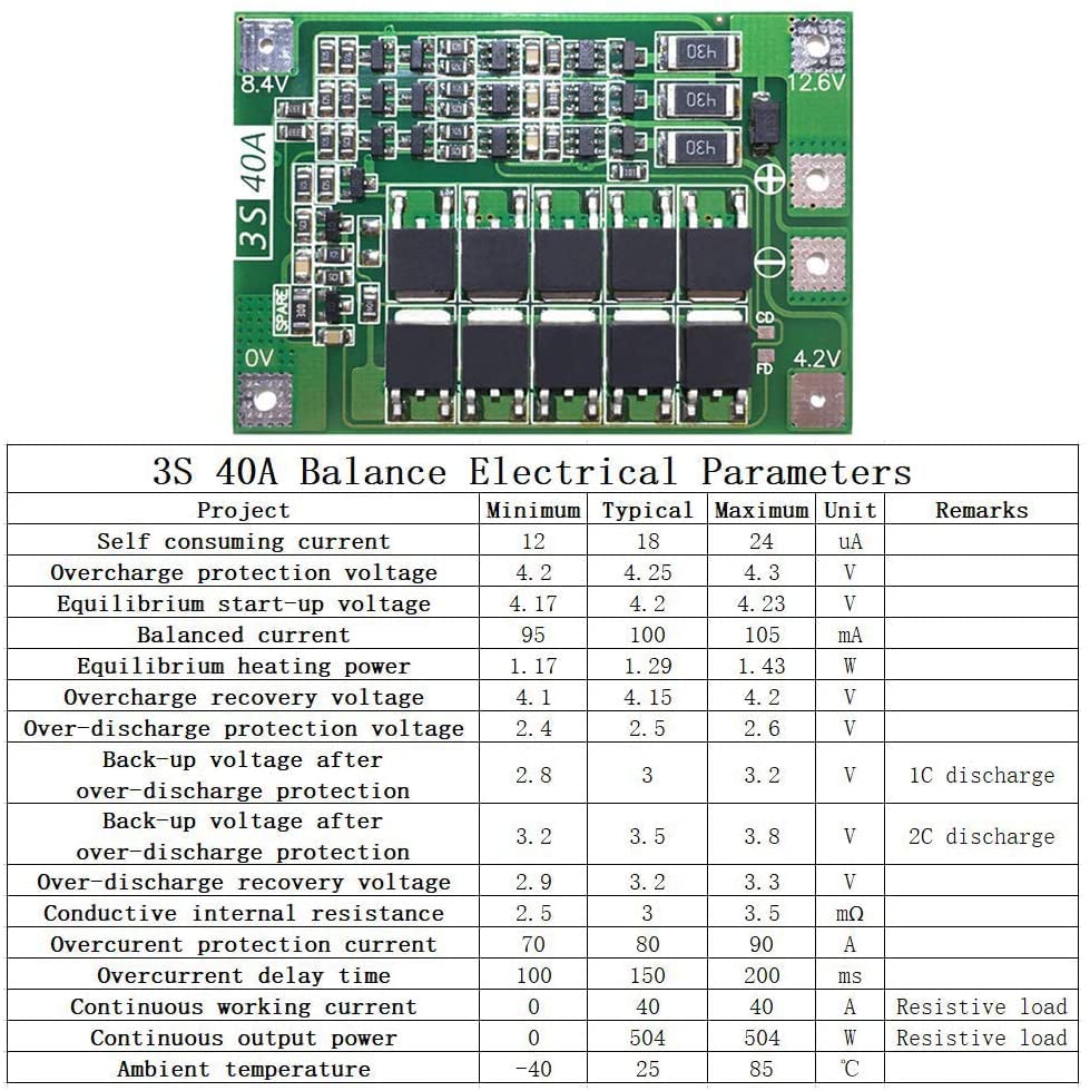 AOICRIE 3S 12V 40A PCB BMS Protection Board for 18650 Li-ion Lithium Battery Cell Module