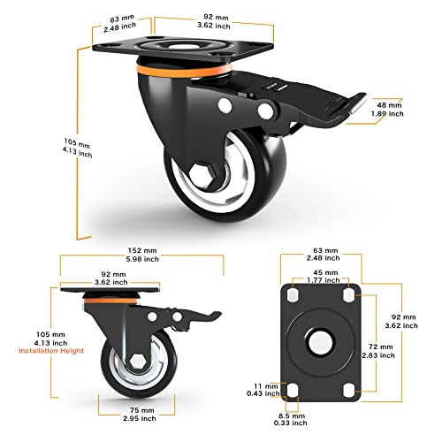3 Inch Caster Wheels, Heavy Duty 3β Casters Set of 4 with Brake, TONSUM No Noise Polyurethane (PU) Wheels and Safety Dual Locking casters, Swivel Plate Castors (Two Hardware Kits)
