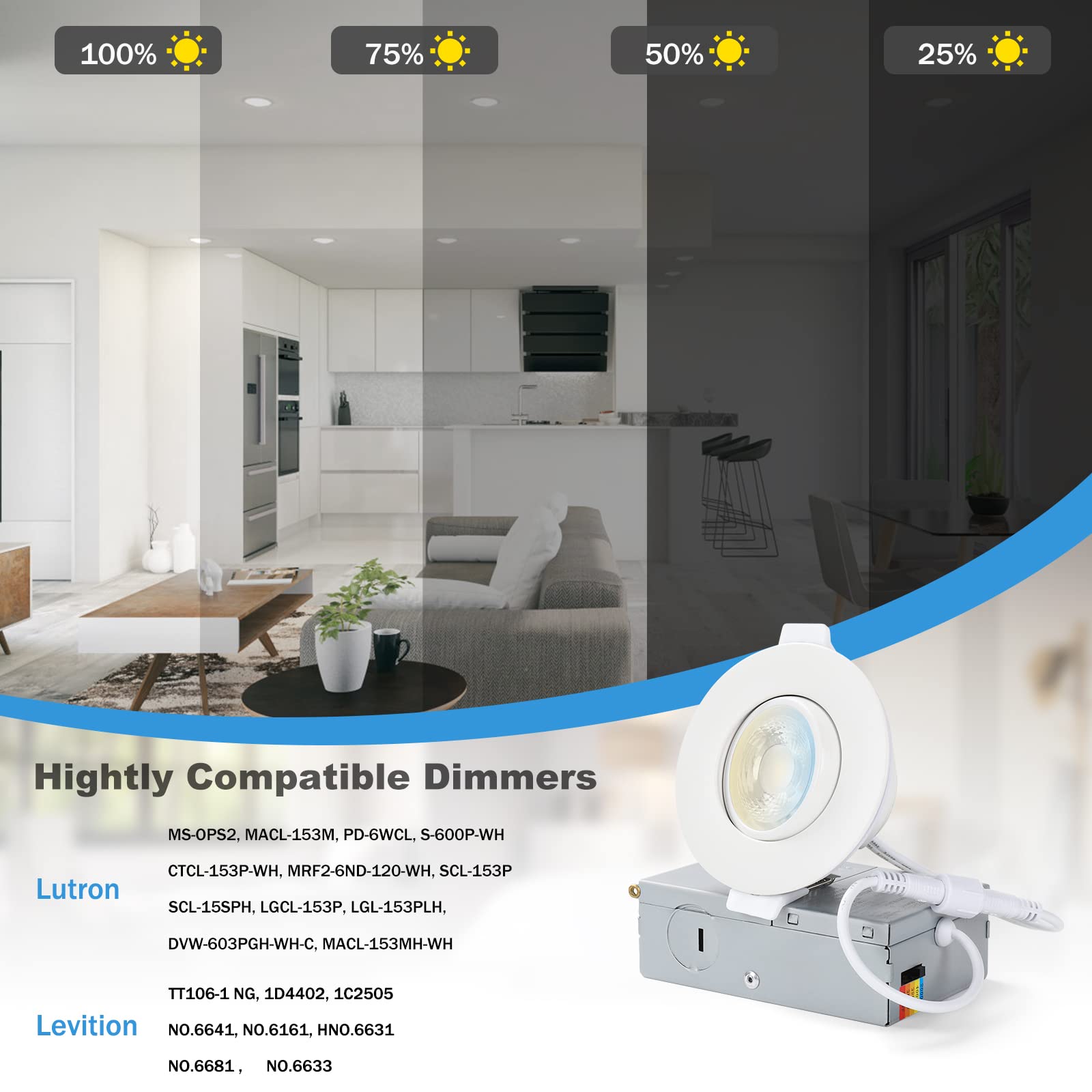 3 inch Gimbal Recessed LED Lighting 5 CCT Dimmable Downlight Adjustable LED Retrofit Trim Lighting 2700K/3000K/3500K/4000K/5000K No Can Needed, IC Rated 8W (65W Equiv.) 750lm (4 Pack)