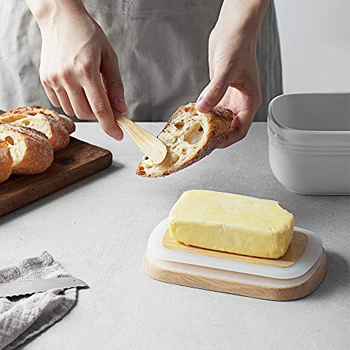 DOWAN Ceramic Butter Dish, Extra Large Butter Keeper for Countertop or Fridge, Airtight Butter Container with Wooden Lid, Farmhouse Kitchen Decor and Accessories, Freezer Safe, White