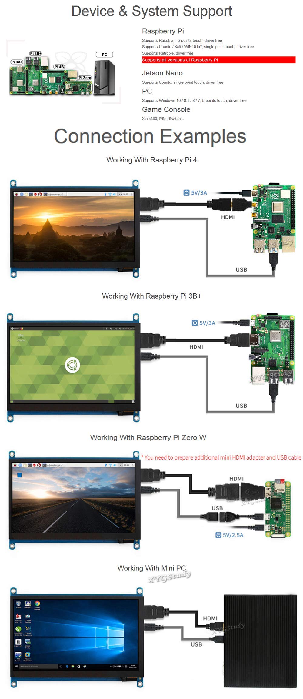 7inch HDMI LCD (H) 1024x600 IPS Capacitive Touch Screen LCD Display Monitor Mini PC for Raspberry Pi 5 4 3 Model B B+ BB Black Banana Pi Game Console Support Xbox360/PS4/Switch @XYGStudy