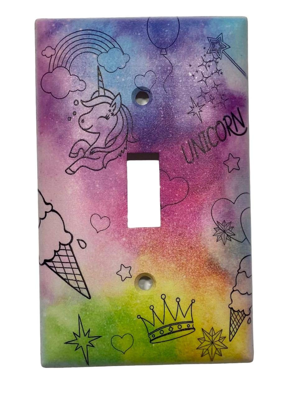 Colorful Unicorn World Kids Room Decor Image Light Switch Plate Single Toggle Plastic Wall Cover
