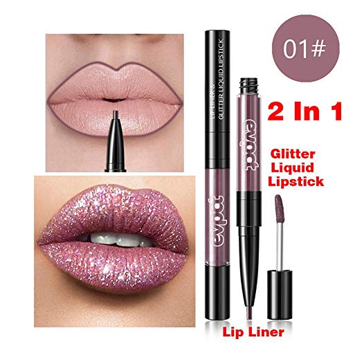 evpct 7Pcs Pink Red Glitter Matte Lip Liner and Liquid Lipstick Set Kit Long Lasting, Matte to Lip Glitter Metallic Dark Red Sparkle Sparkly Glossy Permanent Liquid Lipsticks Lip Gloss Set for Women