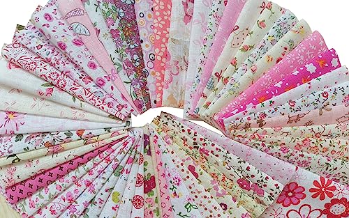 50PCS 4 X4 Inches Different Patterns Pink Cotton Craft Printed Fabric DIY Handmade Material Set Bundle Patchwork Squares for Home Crafts Sewing Scrapbooking Quilting