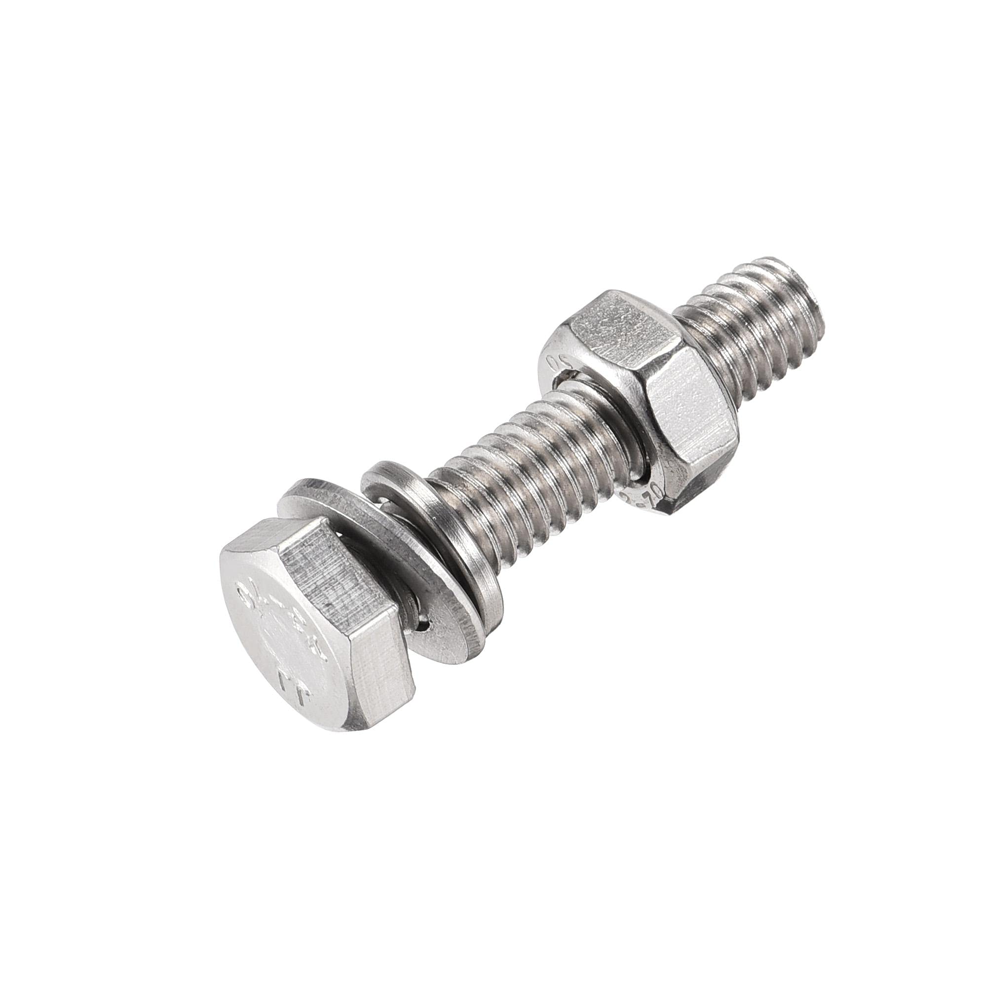 uxcell M6 x 30mm Hex Head Screws Bolts, Nuts, Flat & Lock Washers Kits, 304 Stainless Steel Fully Thread Hexagon Bolts 10 Sets