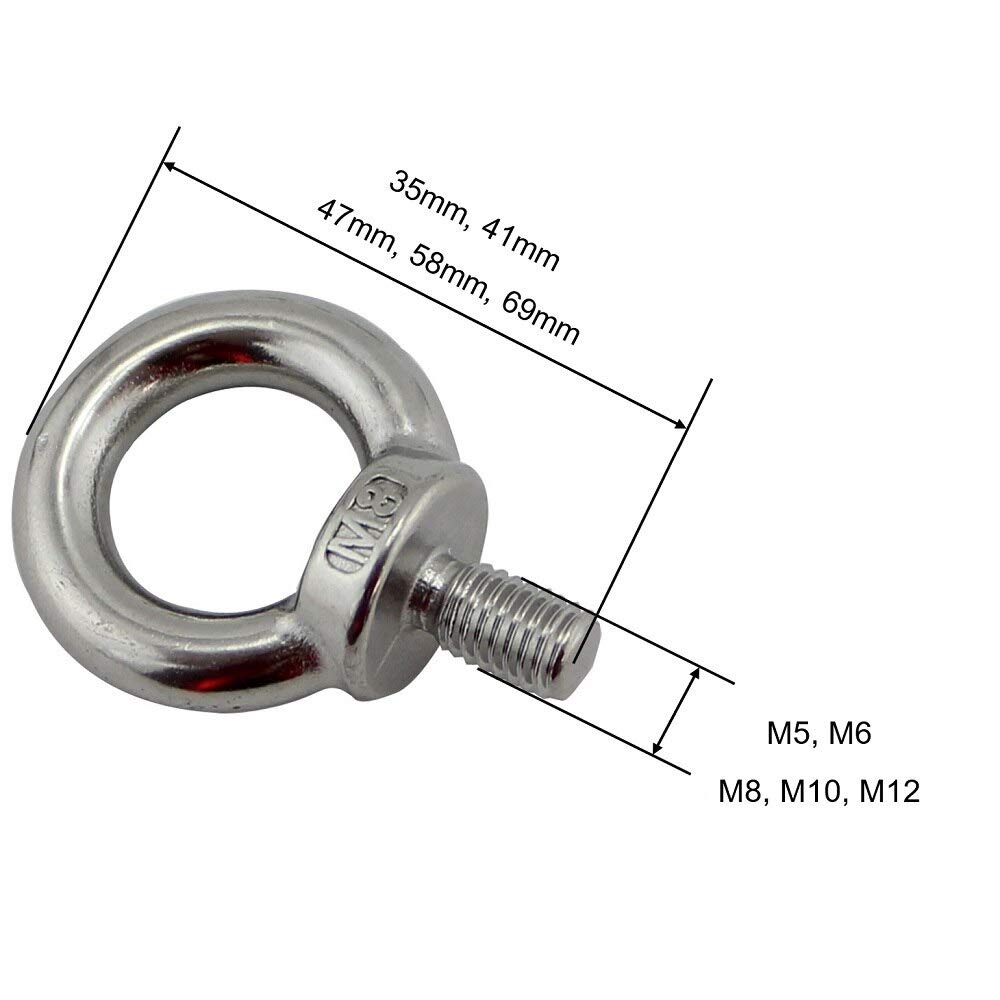 BOL-69071 2PCS Stainless Steel 304 JIS 1168 Thread Eye Bolt Rigging Hardware M5 M6 M8 M10 M12 Heavy Duty Hardened Steel Eye Bolt-(Dims: M8/ Type: Stainless Steel 304)