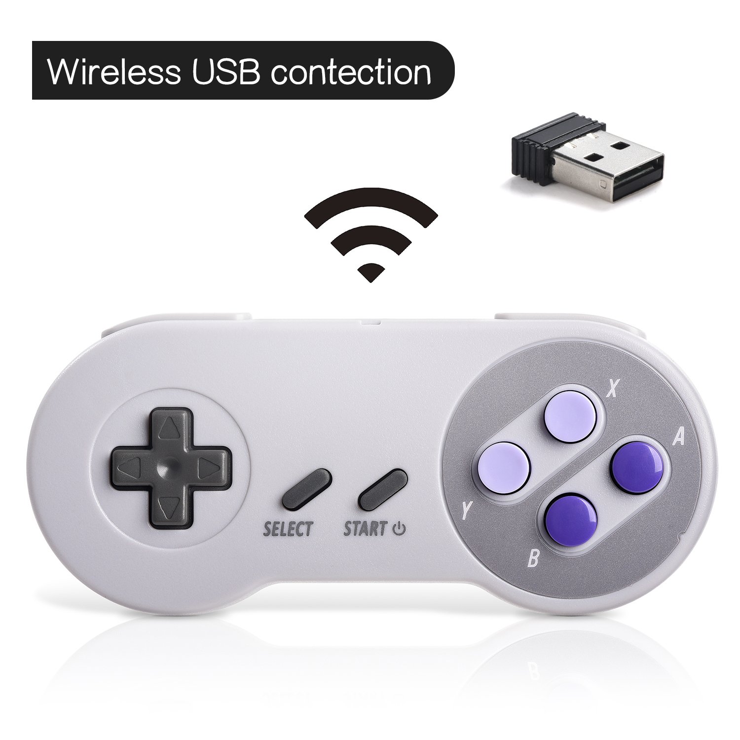 2 Pack 2.4 GHz Wireless USB Controller Compatible with Super NES Games, SAFFUN SNES Retro USB PC Super Classic Controller for Windows PC MAC Linux Genesis Raspberry Pi Retropie (Purple / Gray)
