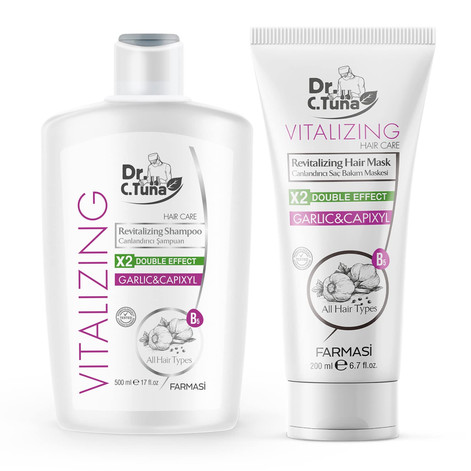 FARMASI Dr. C. Tuna Vitalizing Garlic Shampoo and Hair Mask - Natural Treatment for Hair Growth, Prevents Loss, Stimulates Growth with Capixyl