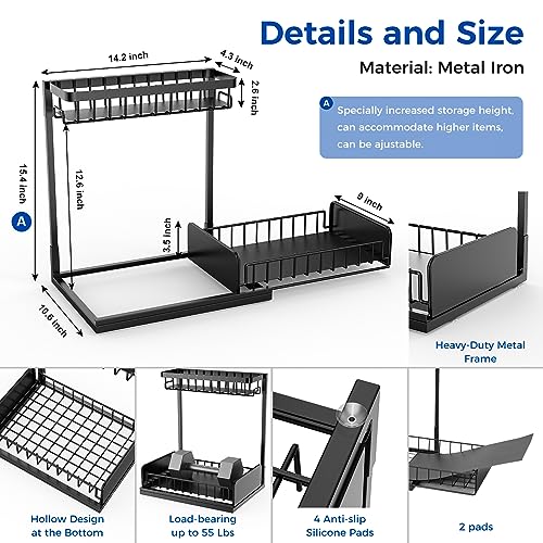 2 Pack Under Sink Organizers and Storage, Metal Pull Out Cabinet Organizer with Sliding Drawer, Slide Out Under Sink Organizer Shelf, Multi-Use for Kitchen Bathroom Organization