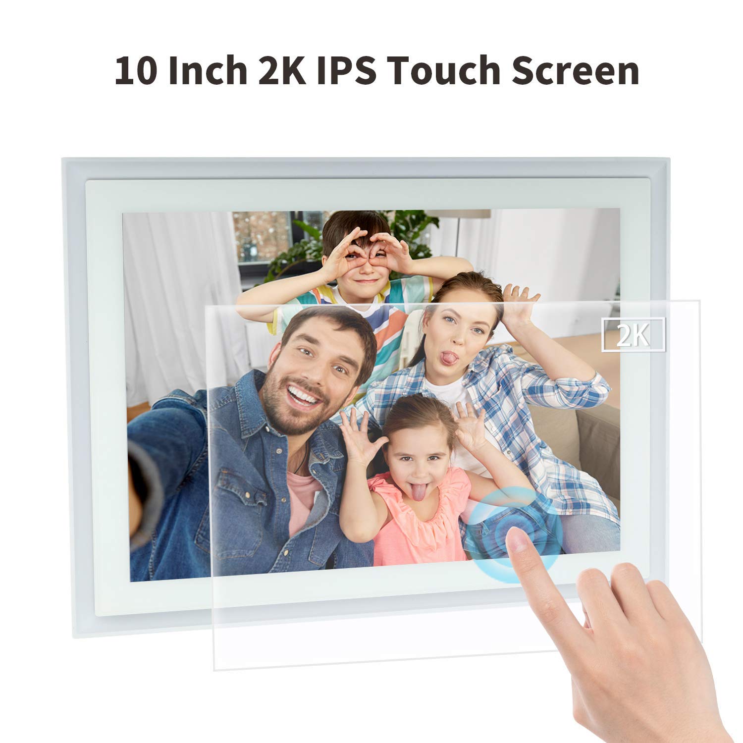 AEEZO WiFi Digital Picture Frame 10 Inch IPS Touch Screen FHD 2K Display Smart Cloud Photo Frame with 16GB Storage, Easy Setup to Share Photos & Videos, Auto-Rotate Frame (White)