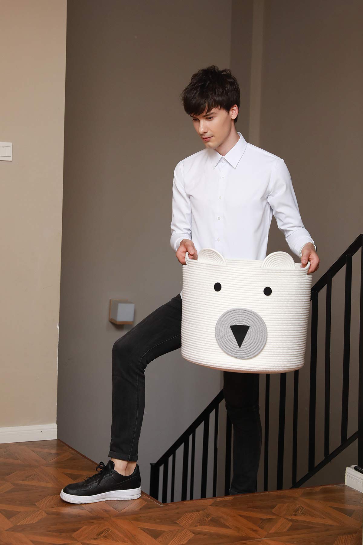 Bear Basket, Animal Basket, Large Cotton Rope Basket, Large Storage Basket, Woven Laundry Hamper, Cloth Storage Bin, for Clothes in Bedroom (White, 18"x15")