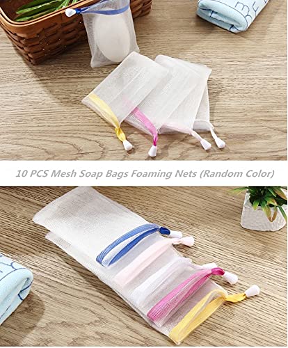 FULINJOY 10 PCS Exfoliating Mesh Soap Saver Pouch Bag Sack, Face Cleansing Foaming Nets, White Pouch with Drawstring (Color Random)