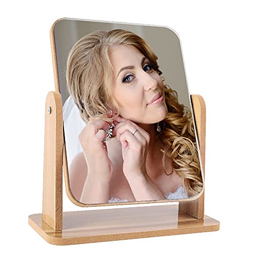 LOTIKO Natural Wooden Vanity Makeup Mirror,7 Inch Single Sided 360 Degree Swivel Mirror,Portable Removable Countertop Private Room High-Definition Desk Mirror(Square)