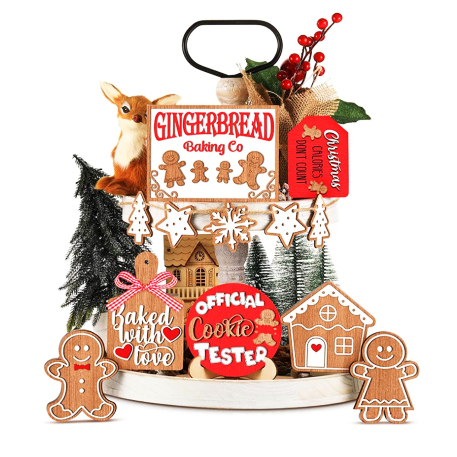 12PC Christmas Tiered-Tray-Decor, Wooden Signs Tabletop Gingerbread-Christmas-Decor for Christmas Party Home Kitchen