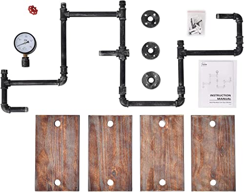 BOSURU Industrial Floating Pipe Wall Shelves Rustic Wood Shelving 4 Layer Ladder Hanging Bookshelf for Bedroom Office Decor