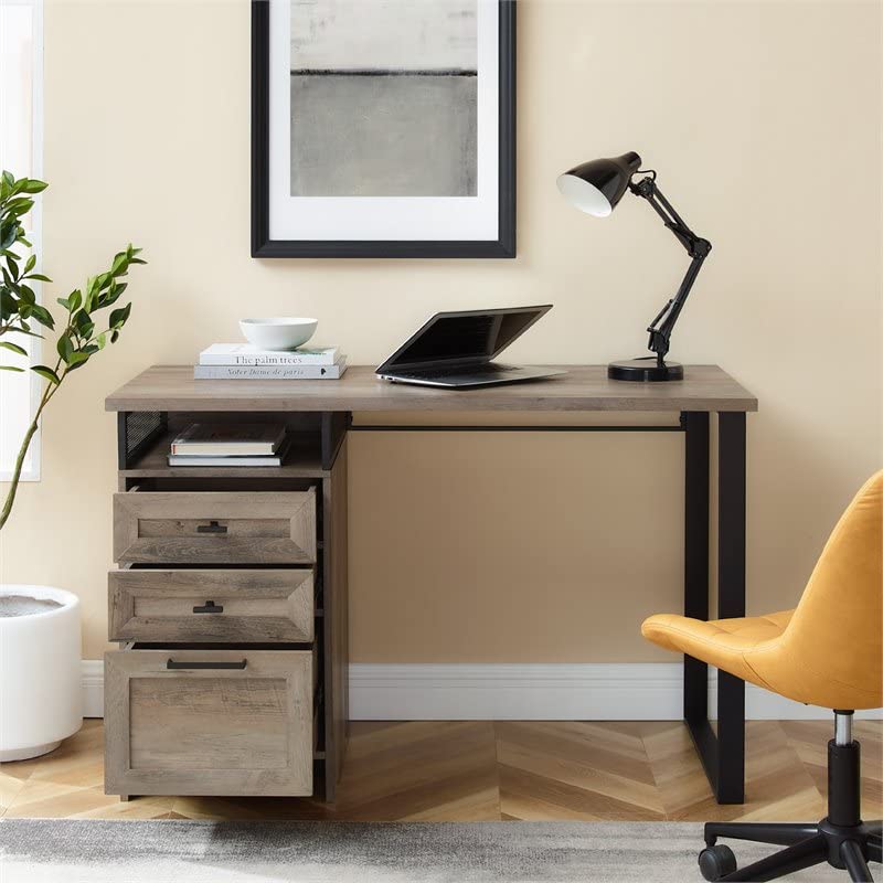 Walker Edison Modern Metal and Wood 3 Drawer Writing Desk Home Office Workstation Small, 48 Inch, Grey Wash