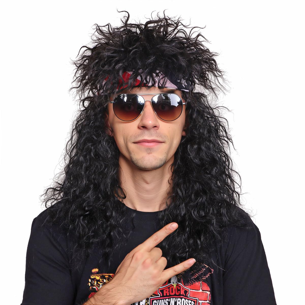 80s Wig with Bandana for Men Long Curly Black Rocker cosplay wig for Halloween