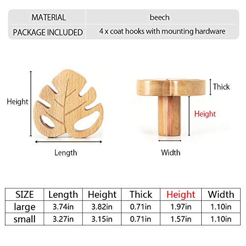 Kelendle 4Pcs Wall Mounted Monstera Wooden Coat Hooks with Mounting Hardware Single Wall Hook Rack Clothes Hanger Organizer (Beech)