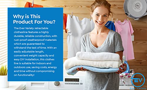 Ever Variety Retractable Clothesline Indoor and Outdoor Cord 49 Feet, Heavy Duty 30lbs Weight Capacity Clothes Line Retracting Indoor, Space Saving and Easy Installation Laundry Extendable Clothesline