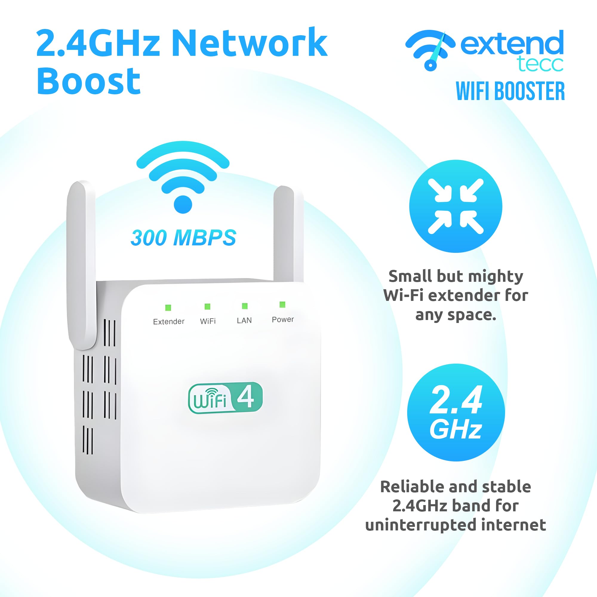 Extendtecc WiFi Booster Wireless WiFi Extender Signal Booster 300Mbps, WiFi Repeater Wireless Signal Booster 2.4 GHz Dual Band 4 Antennas 360ยฐ Full Coverage Internet Extender