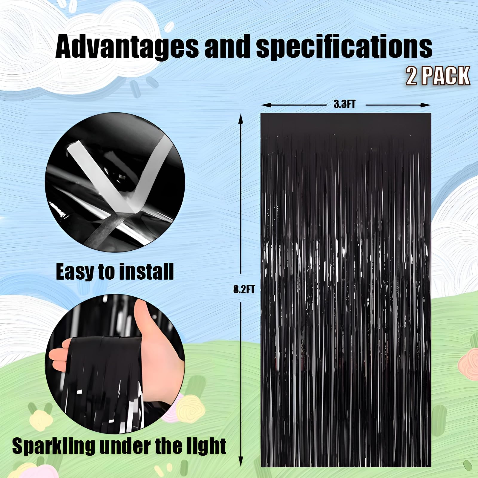 2 Pack 3.3 * 8.3 ft Foil Curtain Metallic Tinsel Fringe Curtains Photo Booth Props Backdrop for Birthday Wedding Engagement Baby Shower Christmas Holiday Celebration Party,Black