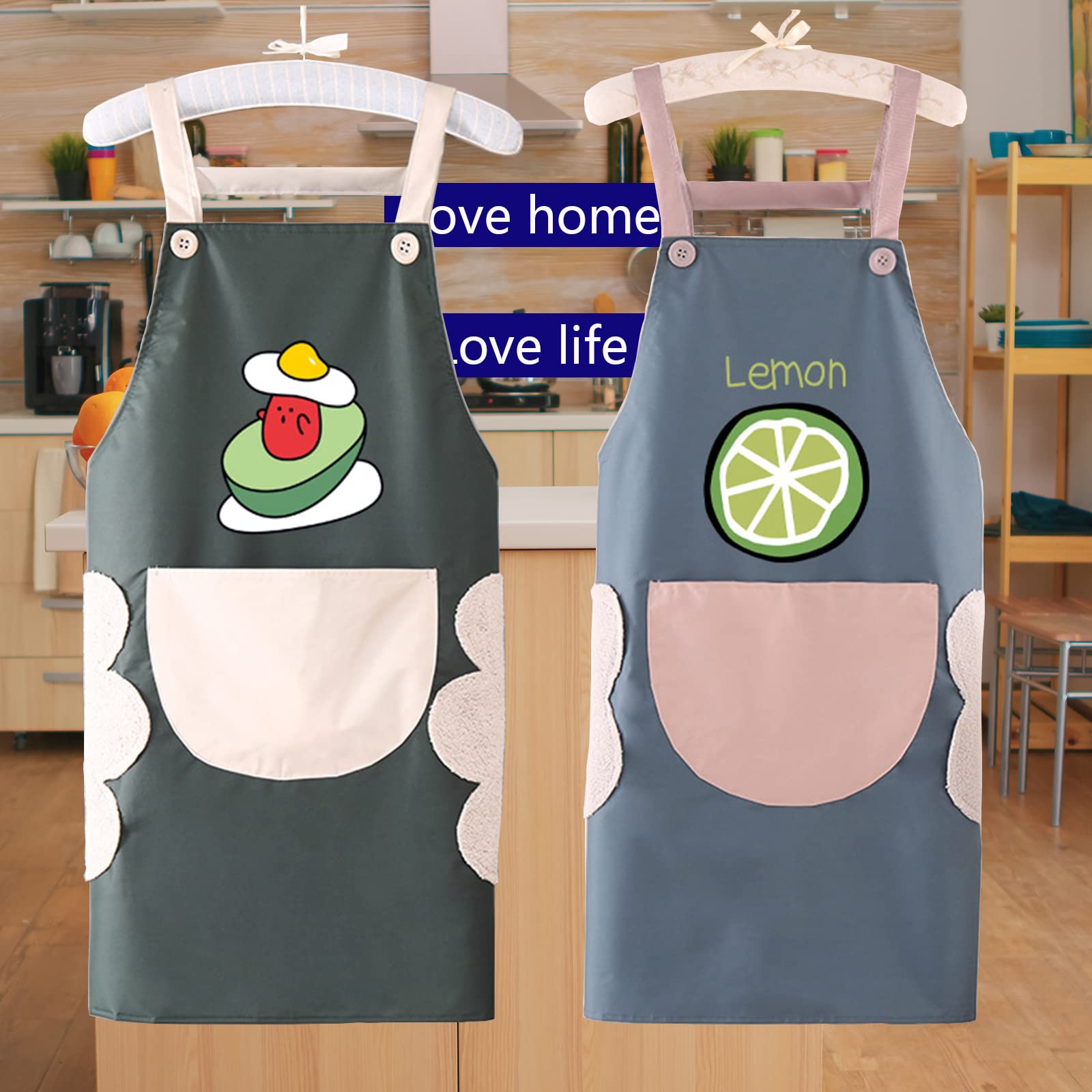 2 Pack Kitchen Cooking Aprons, Waterproof Bib with Large Pockets Hand Wipe Aprons,Adjustable Bib Soft Chef Apron,for Women Men Chef Coveralls Crafting BBQ (Lemon Blue Egg Green Grey)