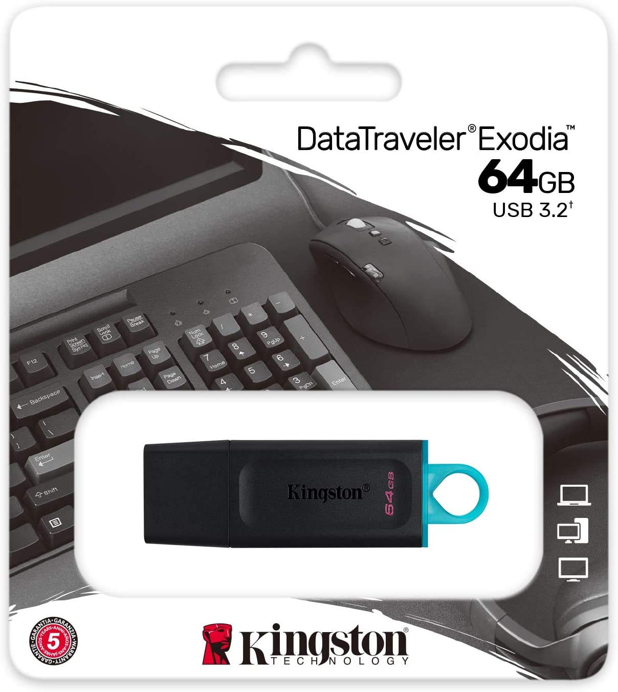 Kingston DataTraveler Exodia 64GB USB 3.2 (Bulk 5 Pack) Flash Drives for Computer or Laptop (DTX/64GB) Bundle with 2 Everything But Stromboli Lanyards