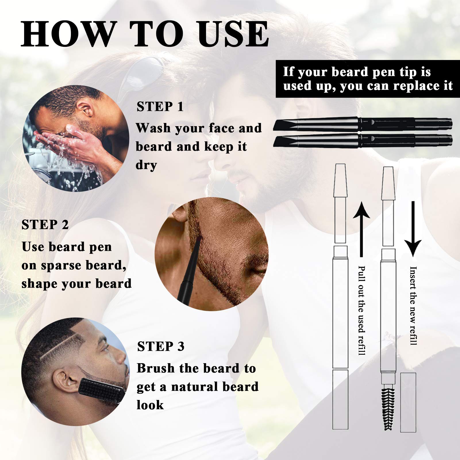 Beard Pencil Filler for Men - Water Resistance, Sweat Proof, Long Lasting & Natural Finish barber Pencil, Mustache Repair Shape, Two Pencil Replacement Tip(BLACK)