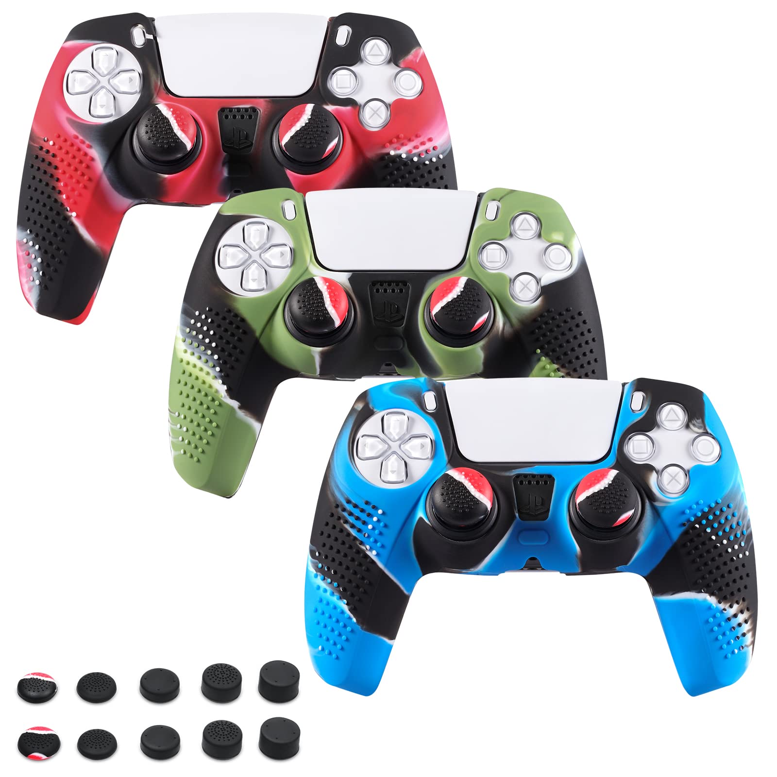 3 Pack Camouflage Red Blue Green PS5 Silicone Controller Skin Cover with 10 x FPS PRO Thumb Grips Cap