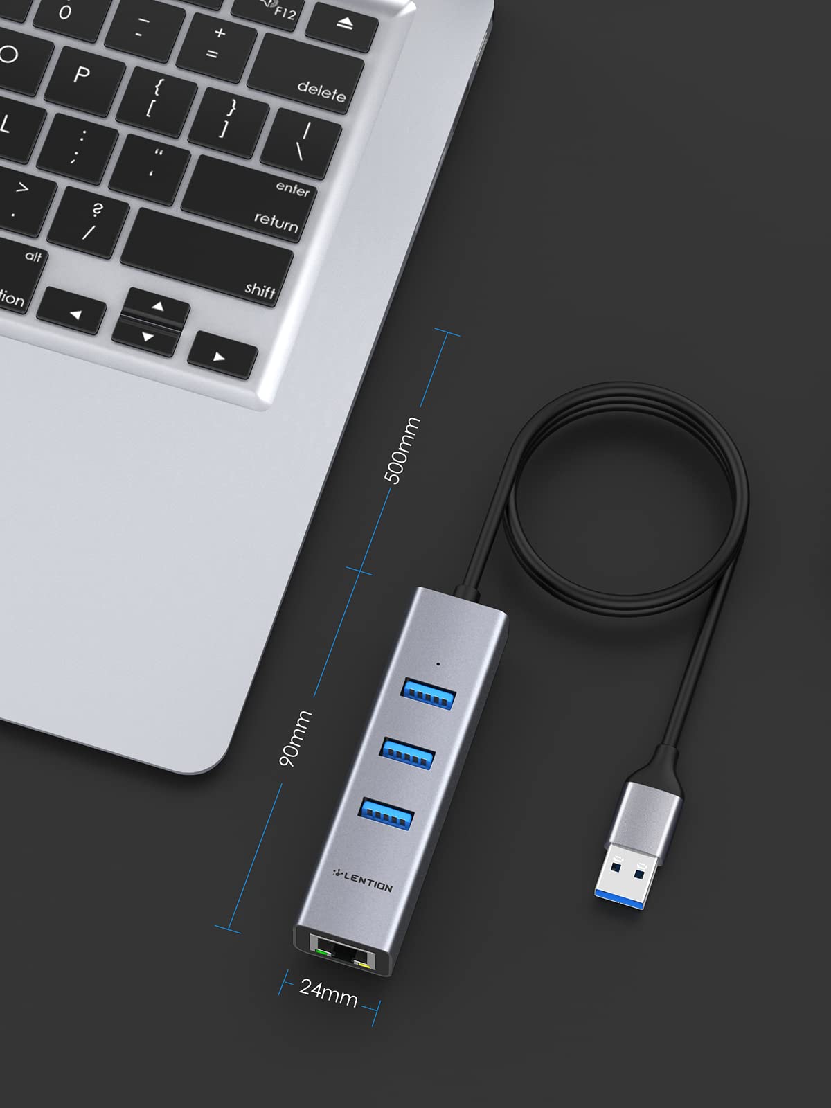 LENTION 3-Port USB 3.0 Hub with Gigabit Ethernet Adapter Compatible MacBook Air/Pro (Previous Generation), iMac, Surface, Chromebook, More Type A Laptops - Ultra Slim (CB-H23s-0.5M, Space Gray)