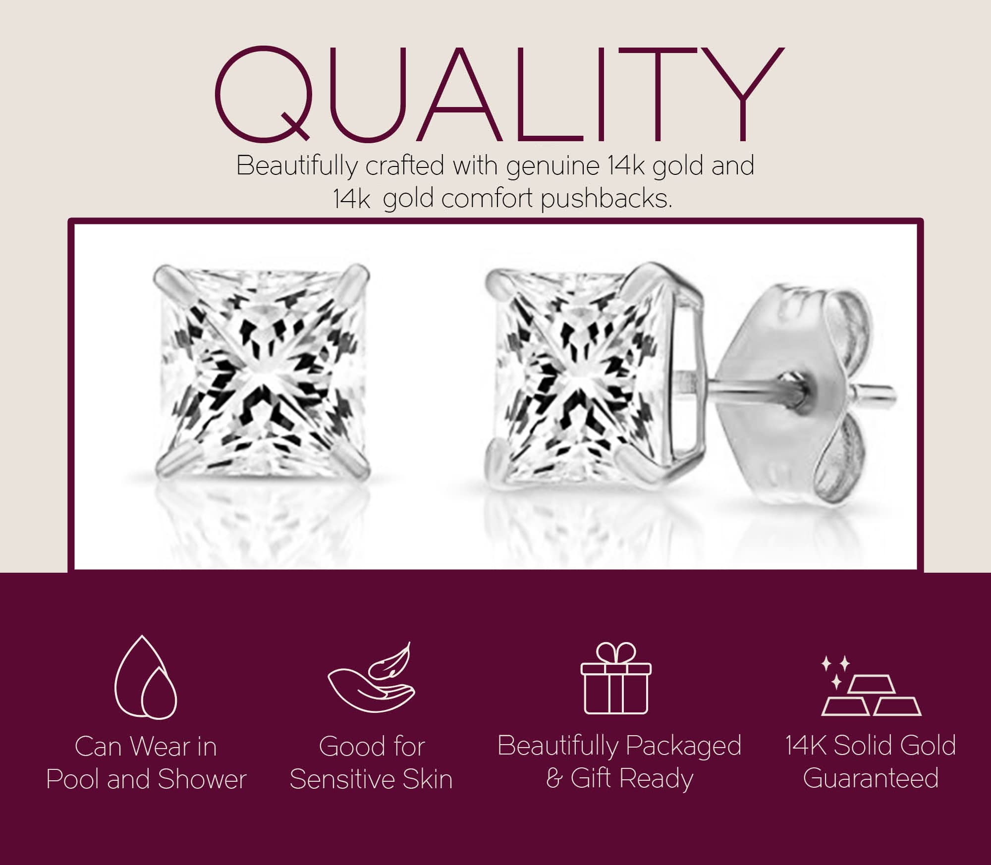 14k Solid Gold PRINCESS Stud Earrings Square Cubic Zirconia Princess-cut CZ Unisex Studs, 14kt White Gold (5mm)