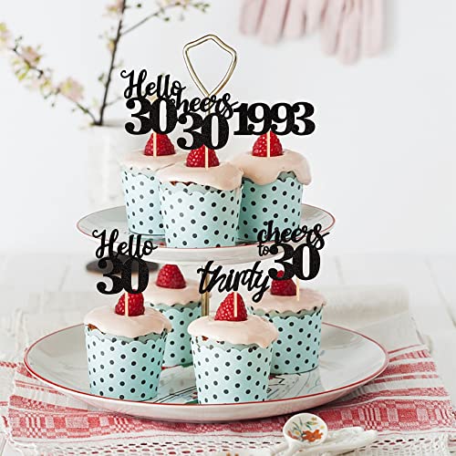 24 PCS Black 30th Birthday Cupcake Toppers Glitter Hello 30 Cupcake Topper Cheers to 30 Since 1993 Thirty Cupcake Picks for Happy 30th Birthday Anniversary Party Cake Decorations Supplies