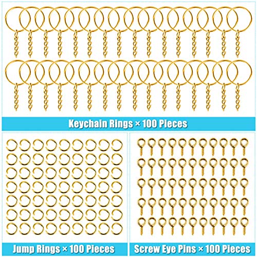Keychain Rings for Crafts Gold, PAXCOO Key Chains Rings Kit Includes 100Pcs Split Key Ring with Chain, 100pcs Jump Rings and 100pcs Screw Eye Pins for Resin Keychain Making