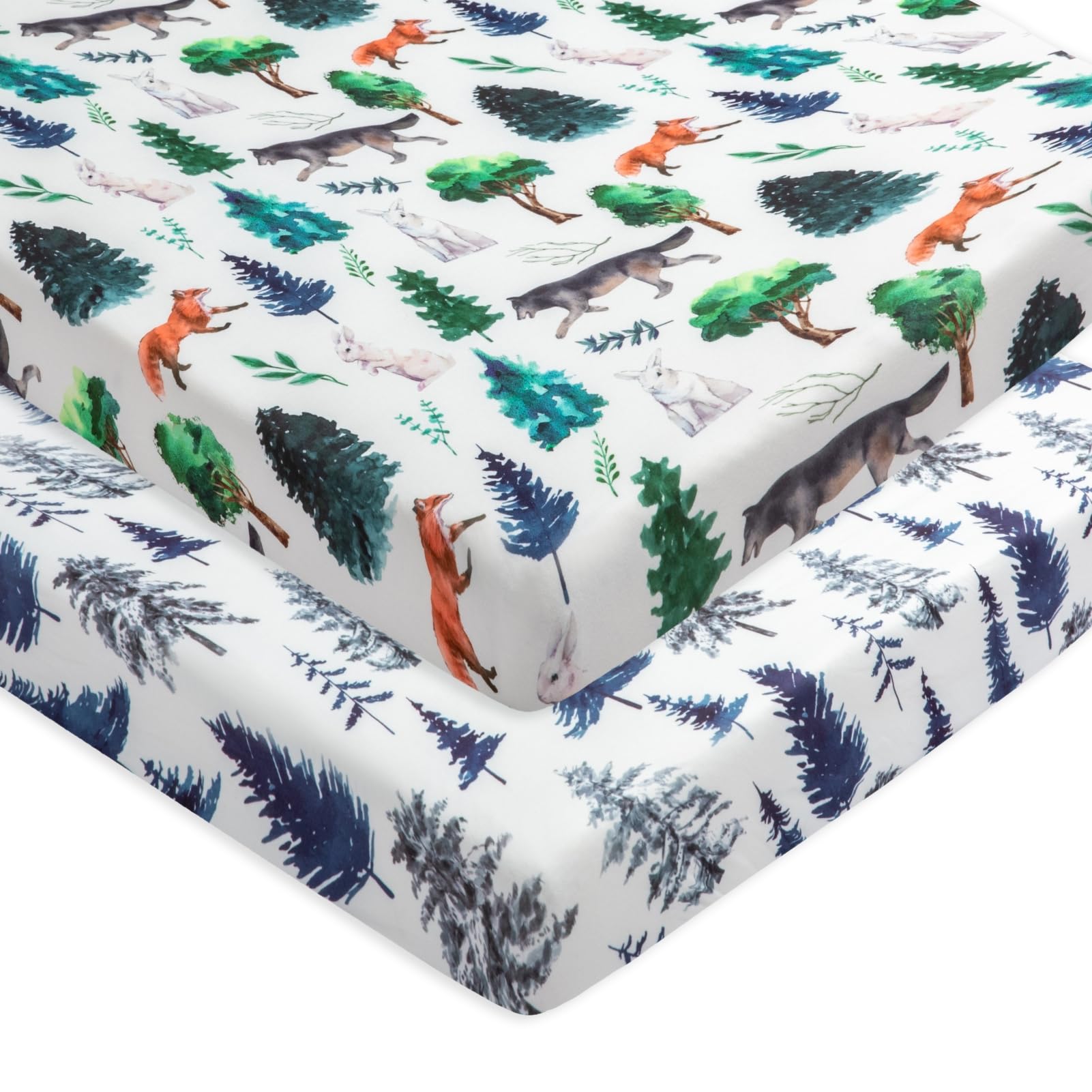 2 Pack Woodland Forest Animals Neutral Unisex Fitted Baby Crib Sheets Set for Baby Boys or Girls