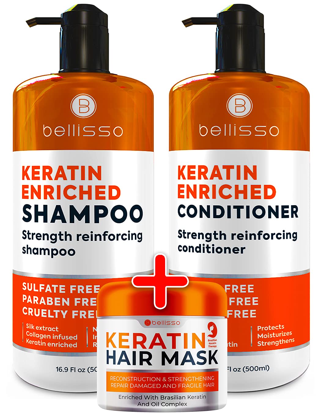BELLISSO Keratin Shampoo and Conditioner Set and Keratin Hair Mask
