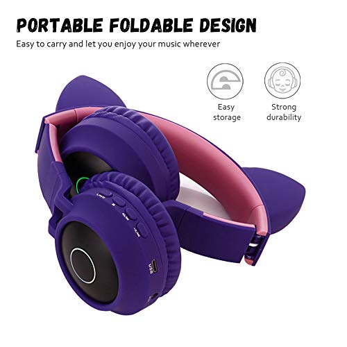 Luckyu Kids Bluetooth 5.0 Cat Ear Headphones Foldable On-Ear Stereo Wireless Headset with Mic LED Light and Volume Control Support FM RadioTF CardAux in Compatible with Smartphones PC Tablet (Red)