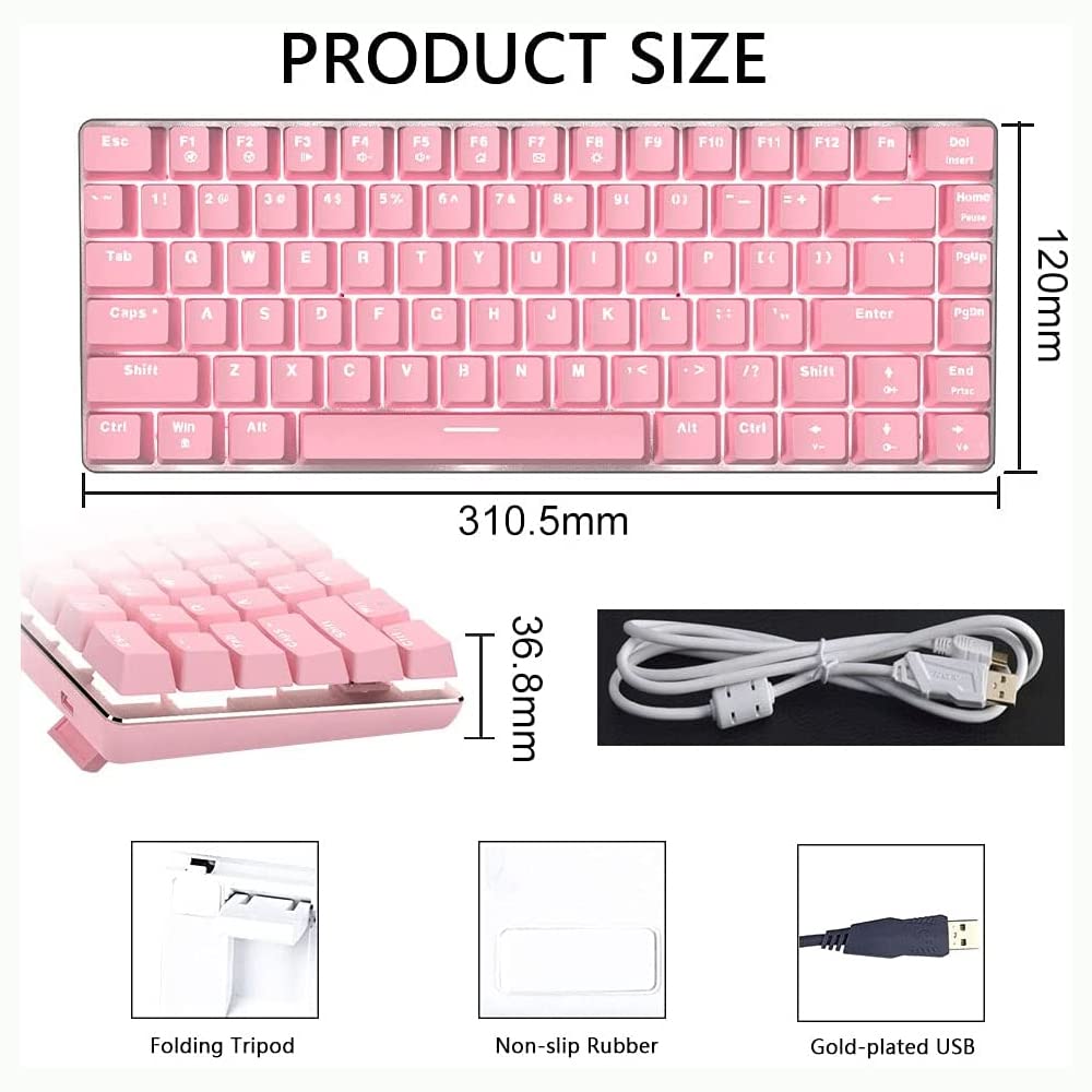 LexonElec Pink Gaming Mechanical Keyboard White Backlit 82 Keys Illuminated Type-C Wired Gaming Keyboard with Red Switches for Computer Gamers (Pink)