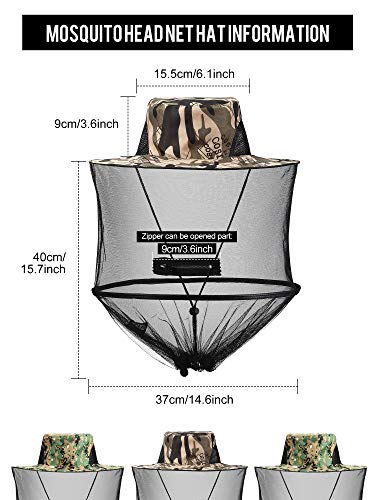 2 Pieces Mosquito Head Mesh Mosquito Cap Net Hat Face Cover with Zipper Foldable Fly Protection Netting Hat for Fishing Hiking Gardening
