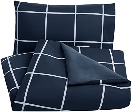 Amazon Basics Microfiber 2 Piece Duvet Cover Set, Navy Simple Plaid, 135 x 200cm/50x80cm x 1