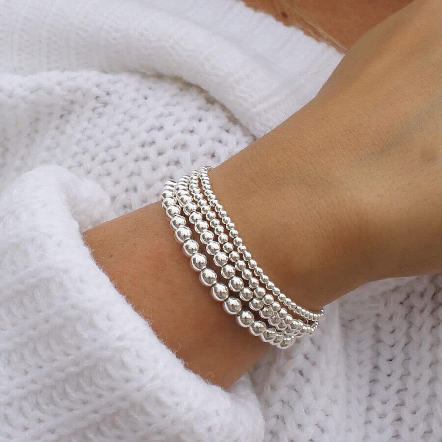 14K Gold Plated Copper Bead Bracelets Women Bracelet 4MM 5MM 6MM 8MM - ( Size:4MM, Color:White Gold Plated )