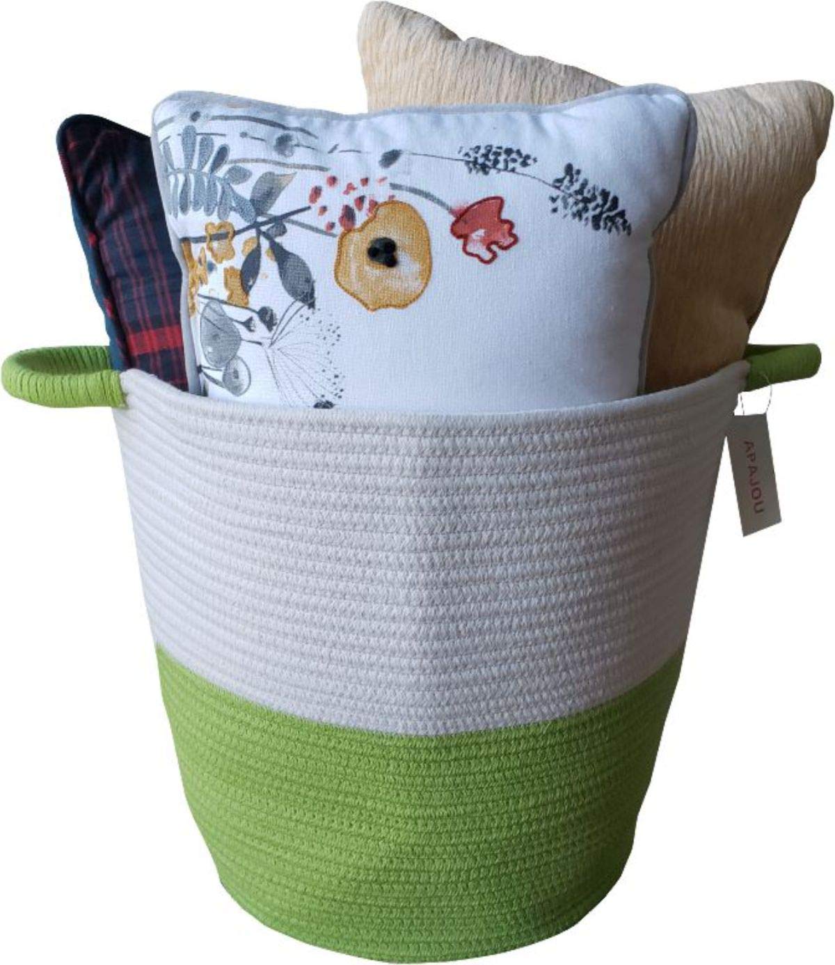Apajou Large Cotton Rope Basket (12.5” x 16” x 15”) - Round Woven Storage Organizer Baby Basket Bin with Sturdy Handles - for Blankets, Toys, Laundry, Nursery, and More
