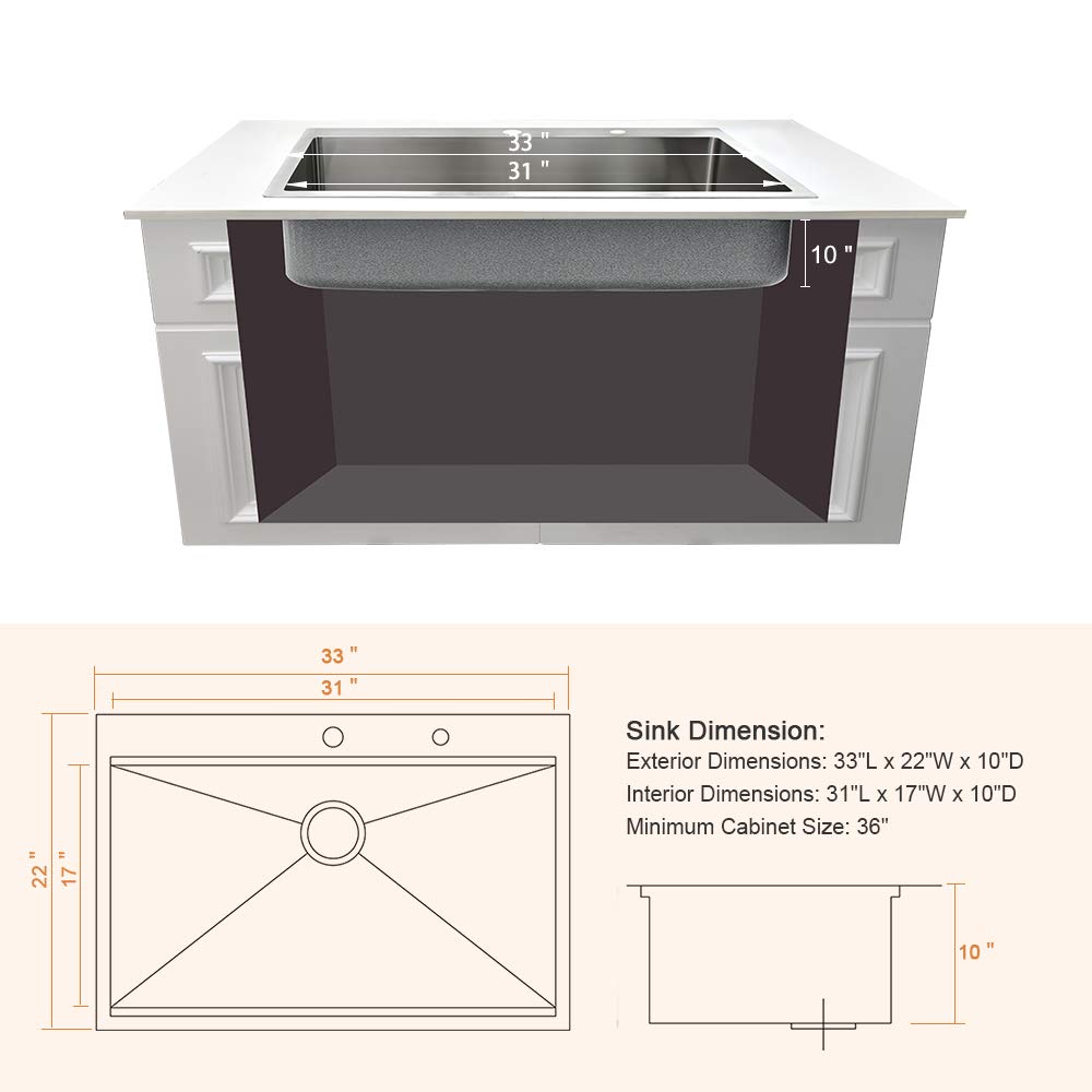 33 In Drop In Kitchen Sink Workstation-Bokaiya Kitchen Sink 33x22 Drop In Workstation Sink Topmount 16 Gauge Single Bowl Stainless Steel Kitchen Sink with Cutting Board