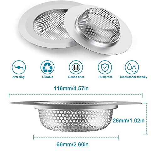 2 Pack Kitchen Sink Strainer, Stainless Steel, Large Wide Rim 4.5" Diameter, Food Catcher for Most Sink Drains Basket Strainer