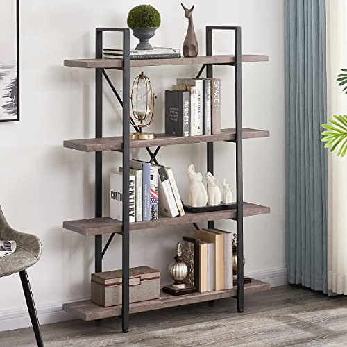 IBF Solid Wood Bookshelf, 4 Tier Natural Real Wood Bookcase, Modern Rustic Industrial Open Book Shelf, Tall Farmhouse Wooden Etagere Bookcase for Office Living Room Bedroom, Distressed Grey and Black