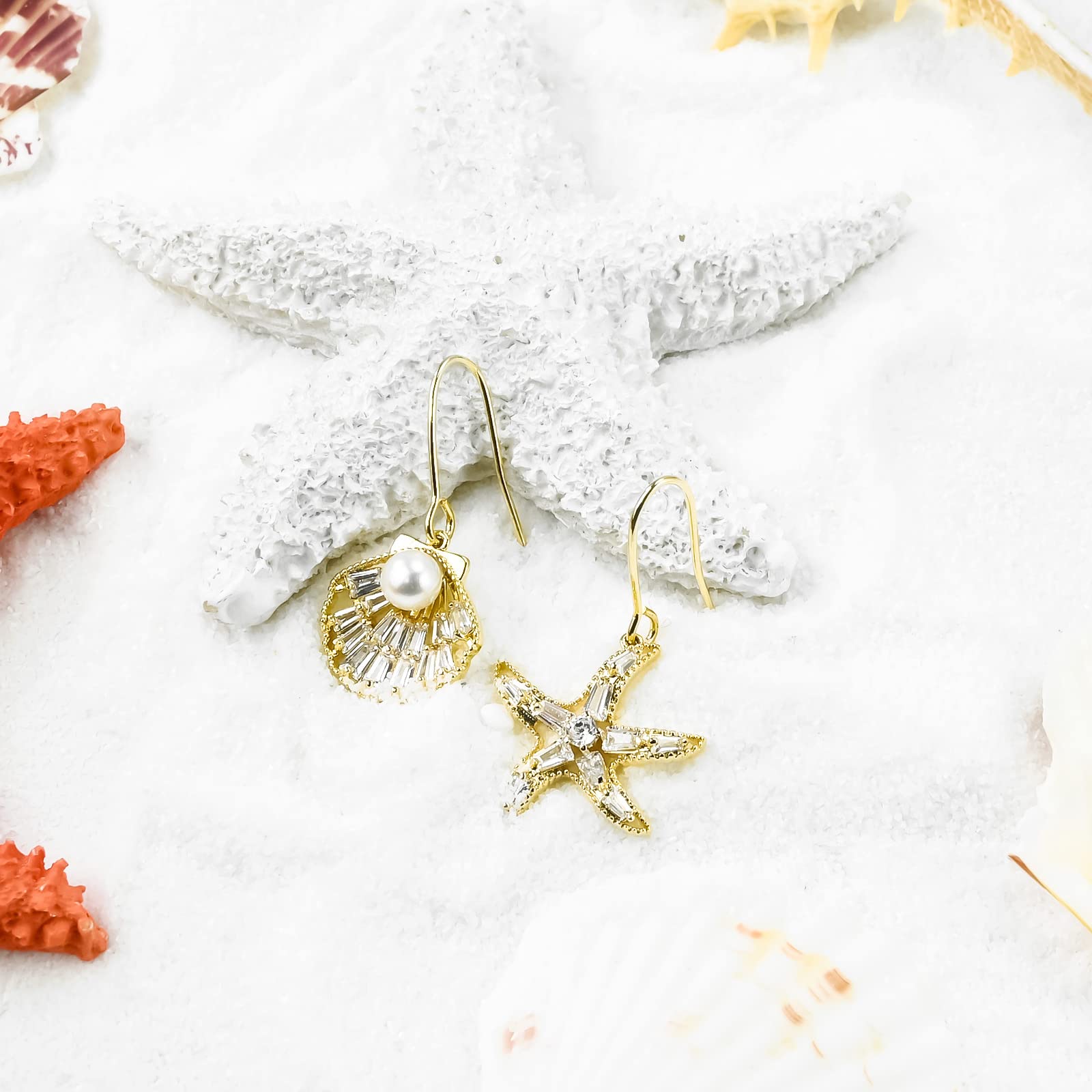 14K Gold Plated Starfish Shell Dangle Earrings for Women, Hypoallergenic Beach Earrings Handmade Asymmetric Earrings for Sensitive Ears