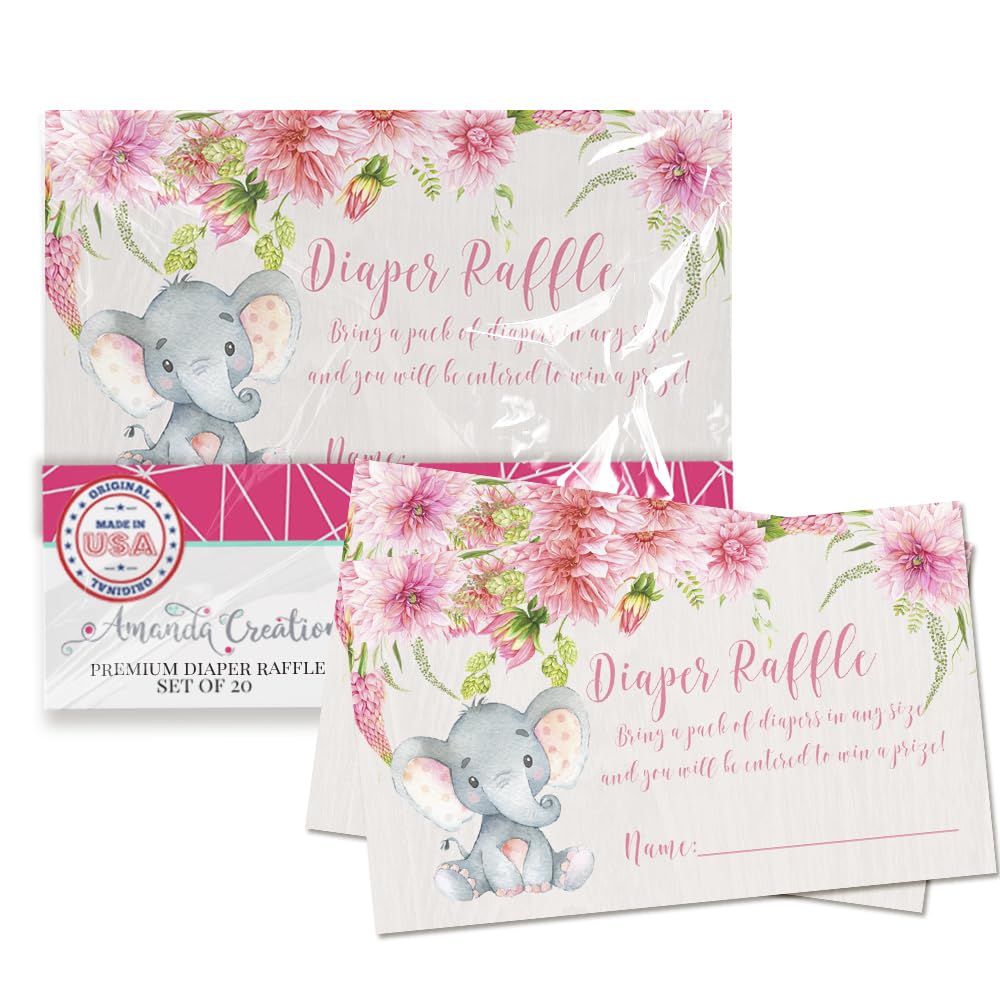 Amanda Creation Watercolor Dahlia Floral Elephant Diaper Raffle Tickets for Girl Baby Showers, 20 2" X 3” Double Sided Inserts, Bring a Pack of Diapers to Win Favors & Prizes!