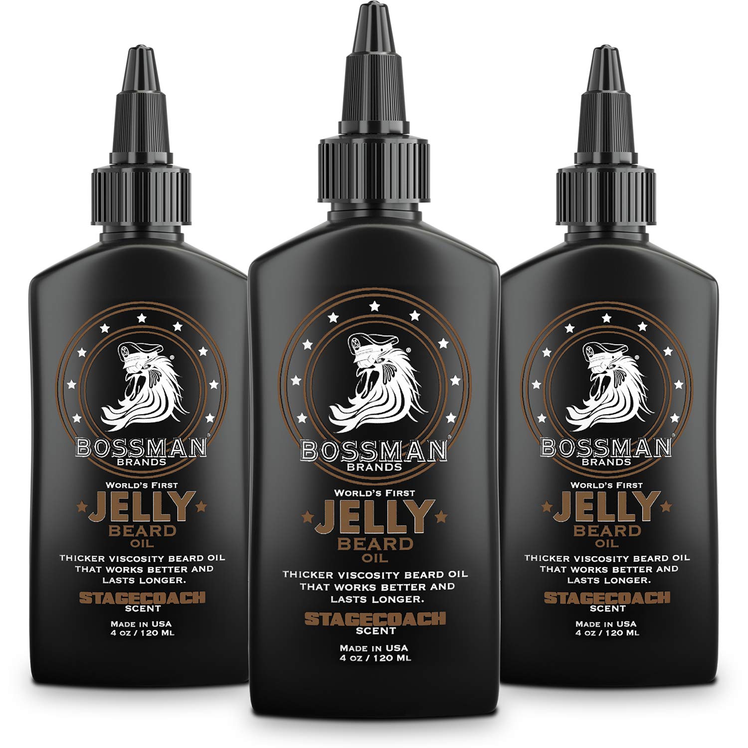 Bossman Jelly Beard Oil - Beard Growth Softener and Moisturizer Care - Larger 4oz, Bottle - 3 Pack Kit - Made in USA (Stagecoach Scent)