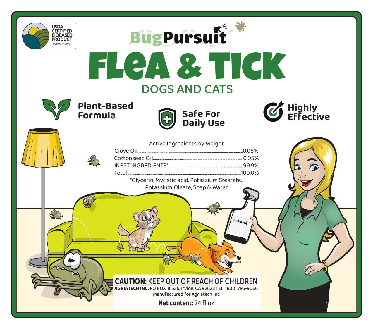 BugPursuit 24oz Flea &Tick Spray, Flea and Tick Prevention for Dogs, Cats, Non-Toxic, Safe for Pets & Kids, Flea and Tick Spray for Home, Killer Flea, Tick, Lice, 100% USDA Biobased, Made in USA